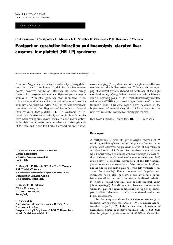 (PDF) Postpartum cerebellar infarction and haemolysis, elevated liver ...