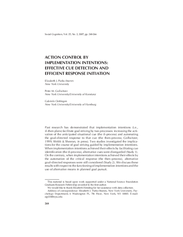 Pdf Action Control By Implementation Intentions Effective Cue Detection And Efficient