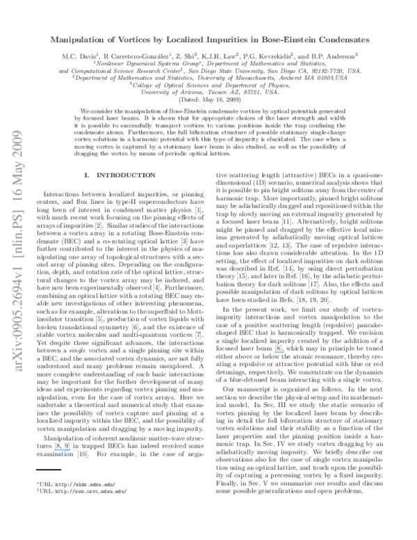 (PDF) Manipulation of vortices by localized impurities in Bose-Einstein ...