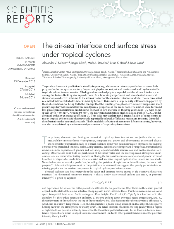 (PDF) The air-sea interface and surface stress under tropical cyclones ...