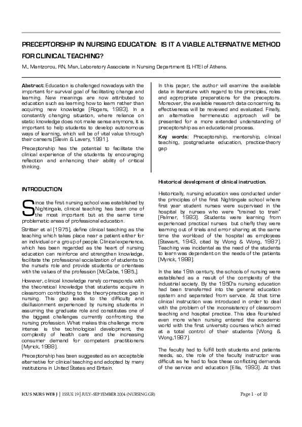 (PDF) PRECEPTORSHIP IN NURSING EDUCATION: IS IT A VIABLE ALTERNATIVE METHOD FOR CLINICAL TEACHING