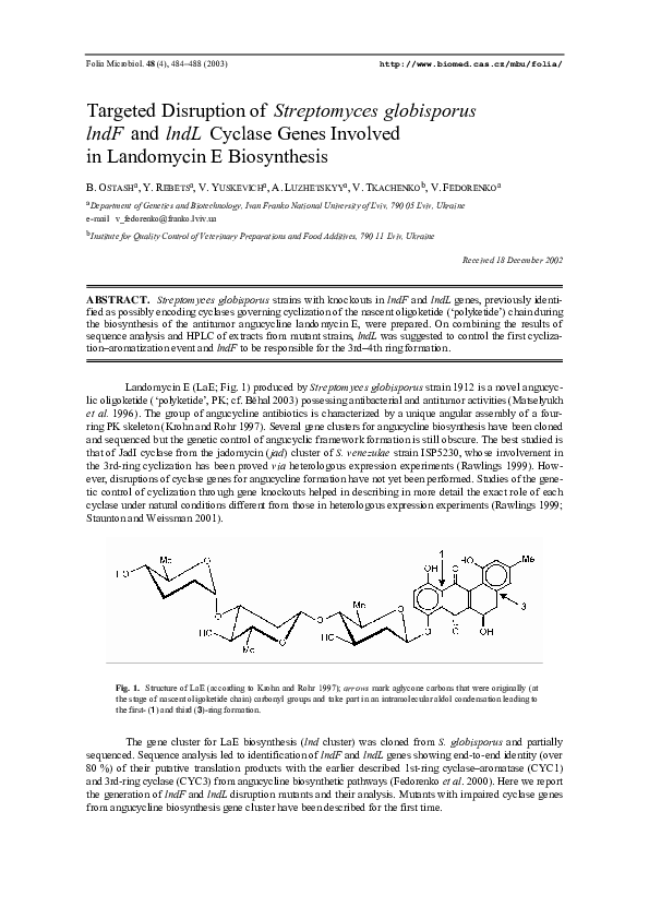 (PDF) Targeted disruption ofStreptomyces globisporus lndF andlndL ...