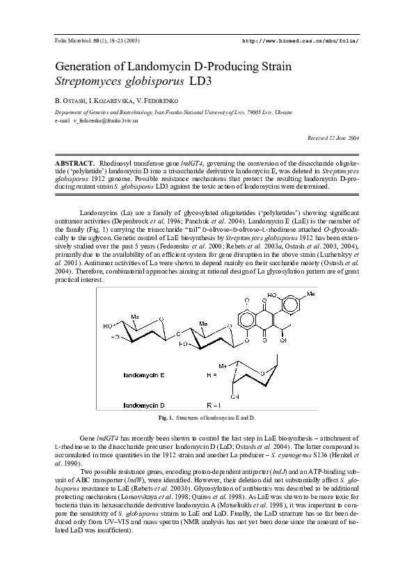 (PDF) Generation of landomycin D-producing strainStreptomyces ...