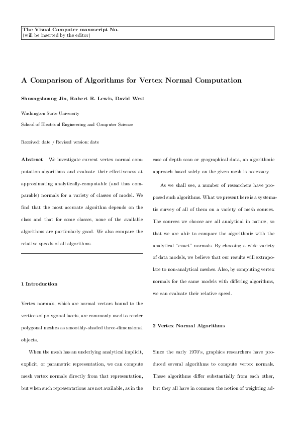 Pdf A Comparison Of Algorithms For Vertex Normal Computation