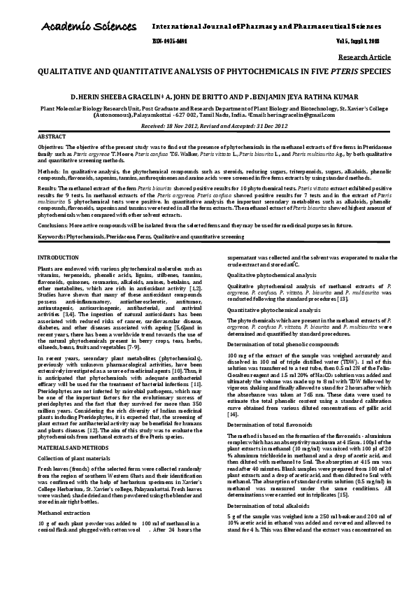 (PDF) QUALITATIVE AND QUANTITATIVE ANALYSIS OF PHYTOCHEMICALS IN FIVE PTERIS SPECIES