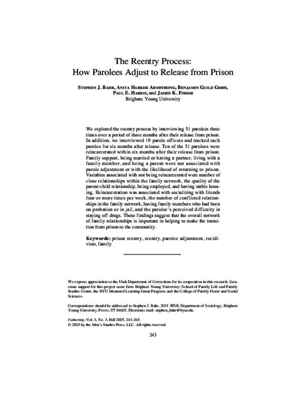 (PDF) The Reentry Process: How Parolees Adjust to Release from Prison