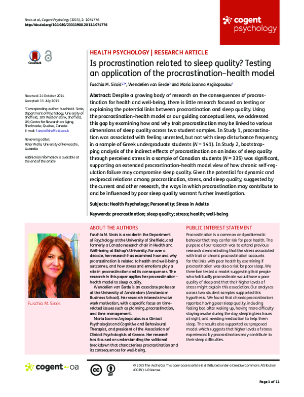 (PDF) Is procrastination related to sleep quality? Testing an ...