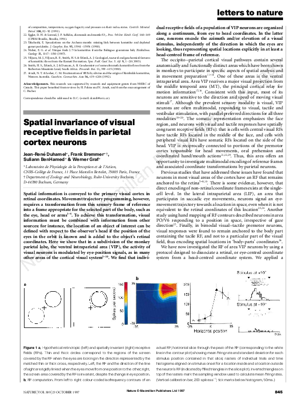 (PDF) Spatial invariance of visual receptive fields in parietal cortex neurons