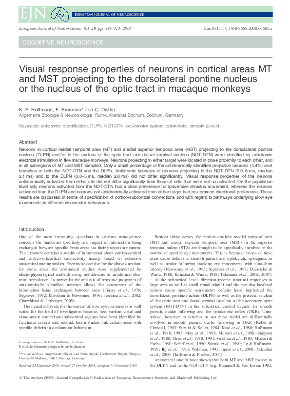 (PDF) Visual response properties of neurons in cortical areas MT and MST projecting to the ...