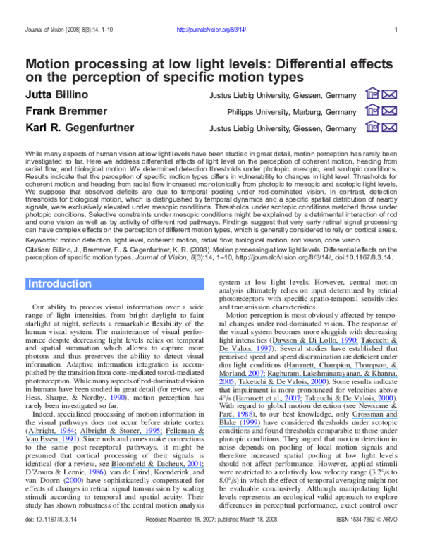 (PDF) Motion processing at low light levels: Differential effects on ...