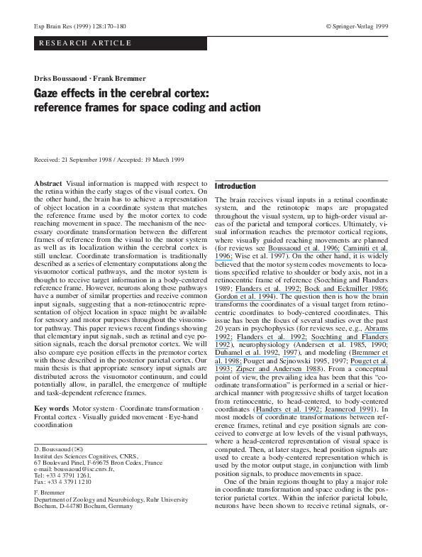 Pdf Gaze Effects In The Cerebral Cortex Reference Frames For Space Coding And Action