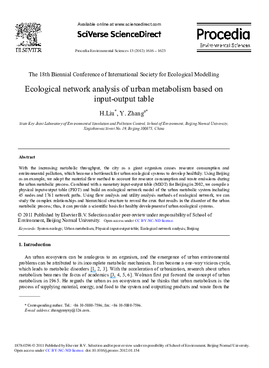 Pdf Ecological Network Analysis Of An Urban Metabolic System Based On Input Output Tables