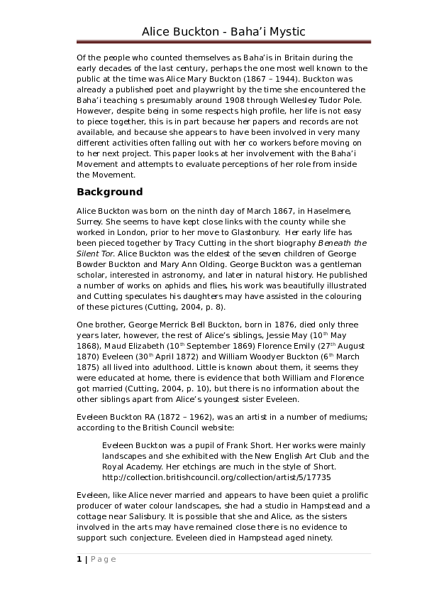 (DOC) The Extraordinary Life & Work of Alice Buckton - Baha'i Mystic