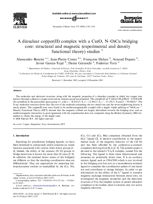 (PDF) A dinuclear copper(II) complex with a Cu(O, N–O)Cu bridging core: structural and magnetic ...