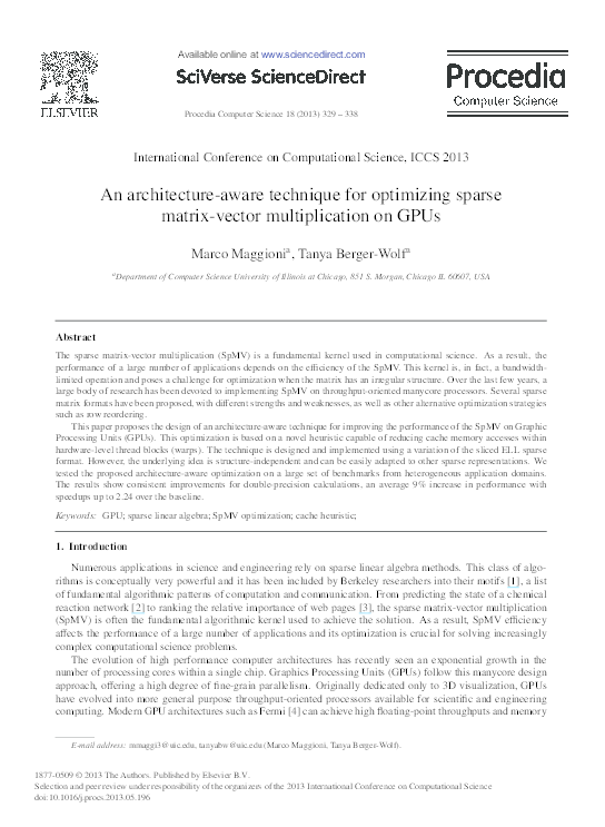 Pdf An Architecture Aware Technique For Optimizing Sparse Matrix Vector Multiplication On Gpus