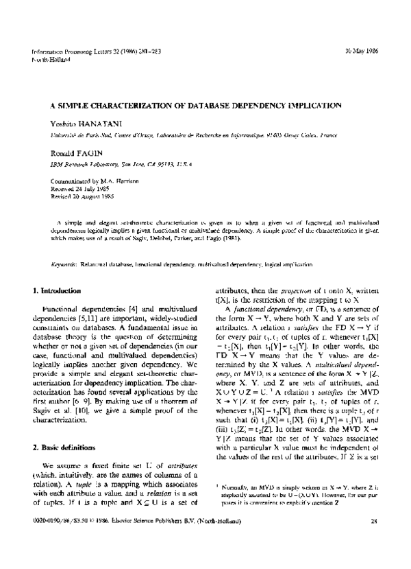 (PDF) A simple characterization of database dependency implication | Ronald Fagin - Academia.edu