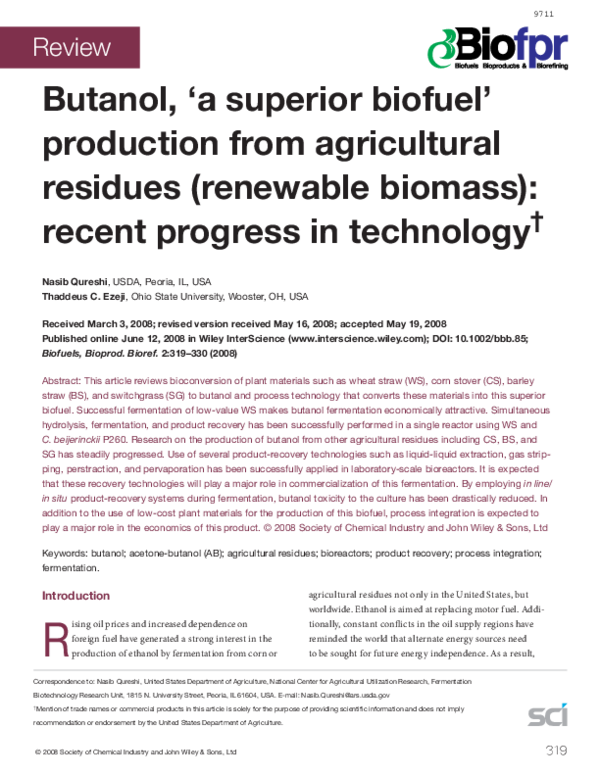 (PDF) Butanol, ‘a superior biofuel’ production from agricultural ...