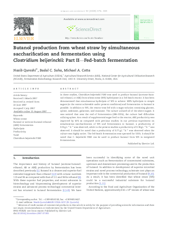 (PDF) Butanol production from wheat straw by simultaneous saccharification and fermentation ...