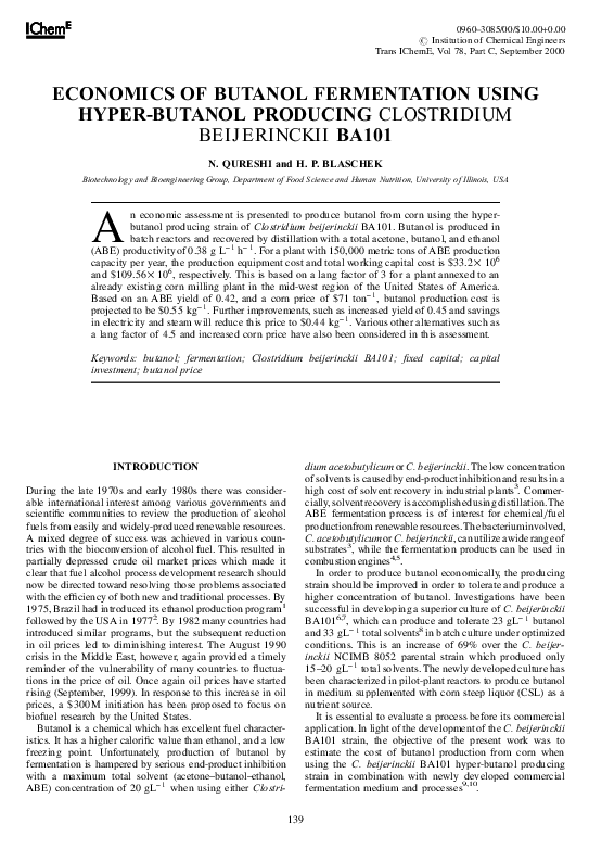(PDF) Economics of Butanol Fermentation using Hyper-Butanol Producing ...
