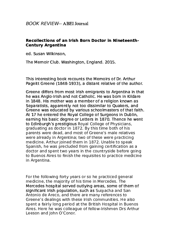 (DOC) Recollections of an Irish Born Doctor in Nineteenth-Century Argentina
