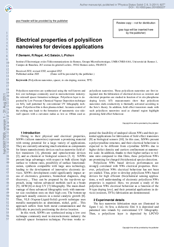 (PDF) Electrical properties of polysilicon nanowires for device applications