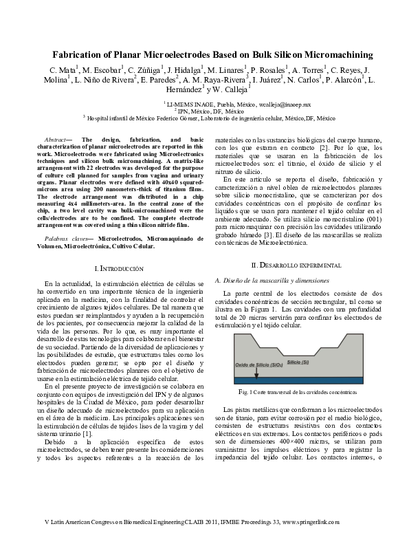(PDF) Fabrication of Planar Microelectrodes Based on Bulk Silicon Micromachining