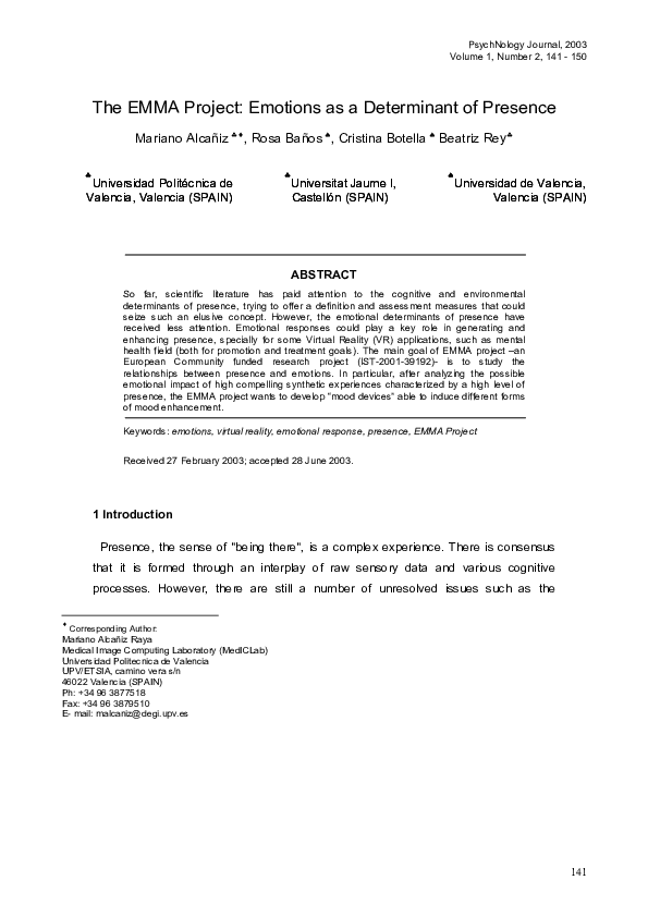 (PDF) The EMMA Project: Emotions as a Determinant of Presence