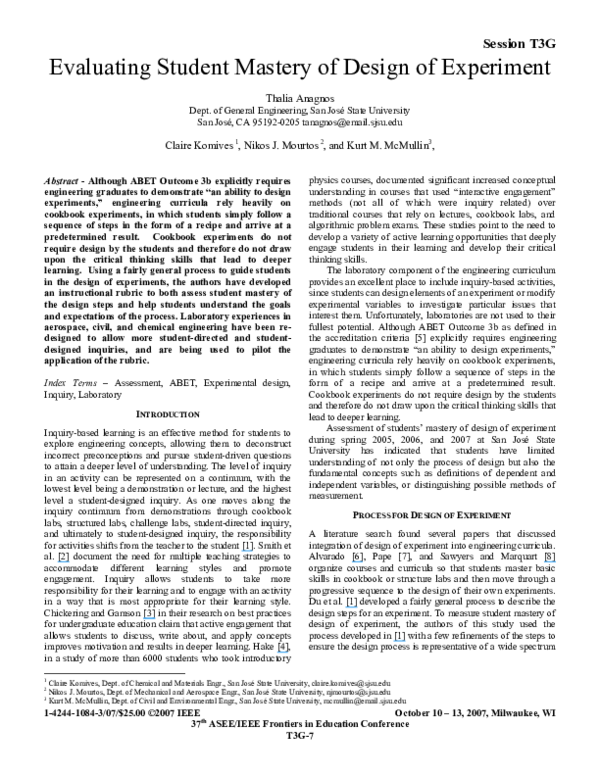 (PDF) Evaluating student mastery of design of experiment