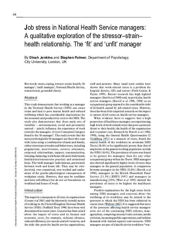 (PDF) Job Stress and Wellbeing in NHS Managers