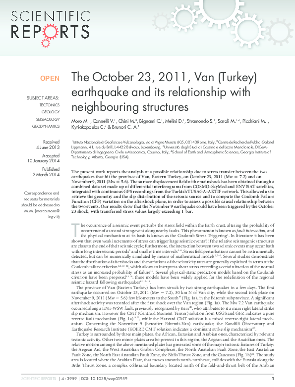 (PDF) The October 23, 2011, Van (Turkey) earthquake and its ...