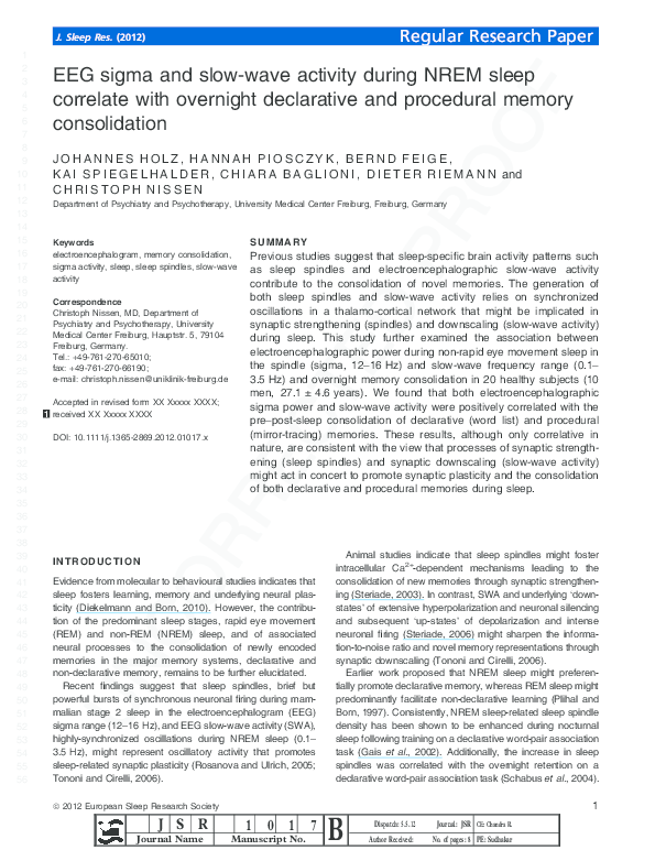 (PDF) EEG sigma and slow-wave activity during NREM sleep correlate with ...