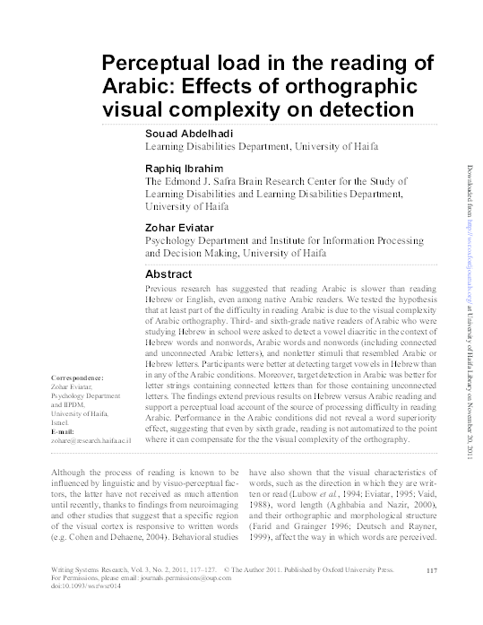 (PDF) Perceptual load in the reading of Arabic: Effects of orthographic ...