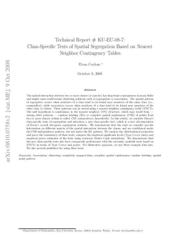 Pdf Class Specific Tests Of Spatial Segregation Based On Nearest
