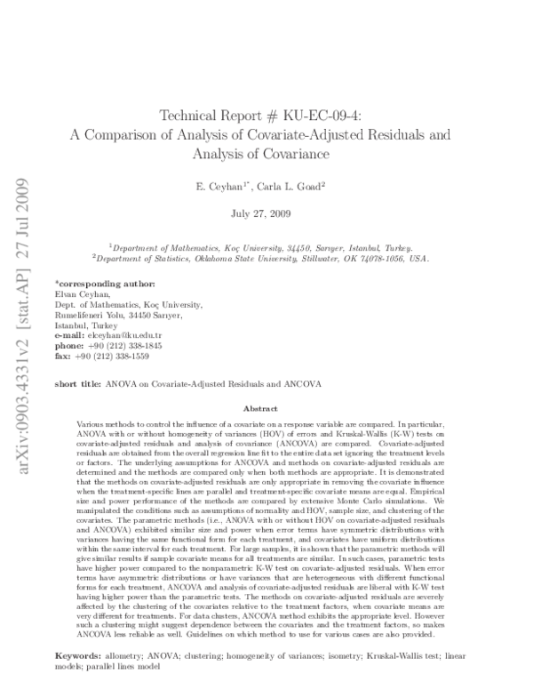 Pdf A Comparison Of Analysis Of Covariate Adjusted Residuals And