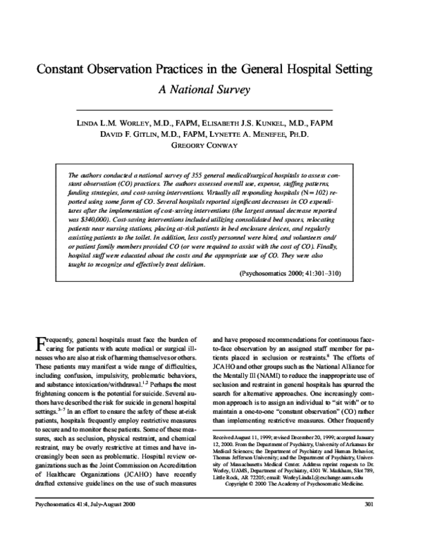(PDF) Constant Observation Practices in the General Hospital Setting: A ...