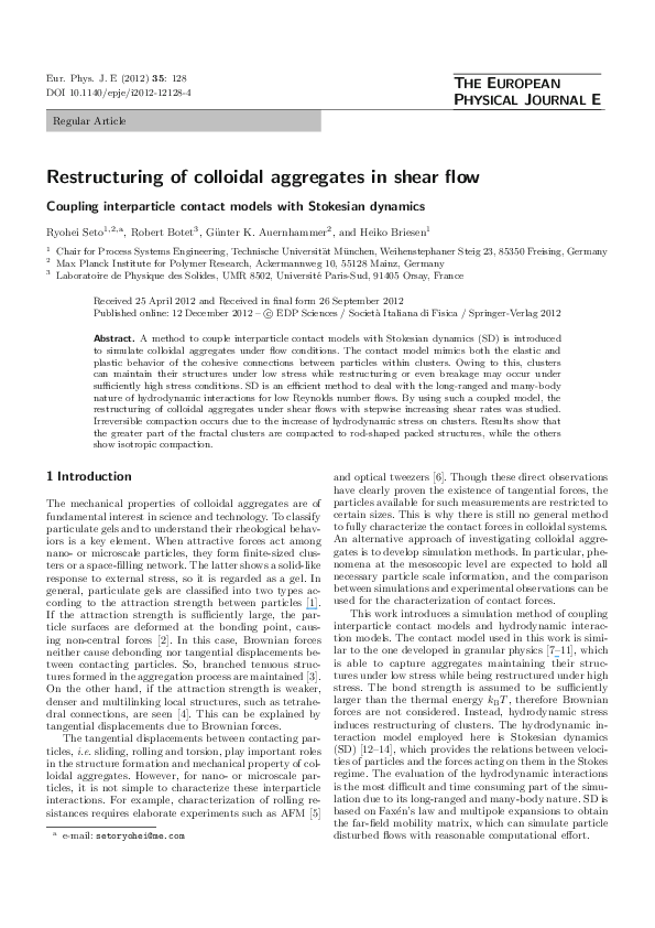 (PDF) Restructuring of colloidal aggregates in shear flow