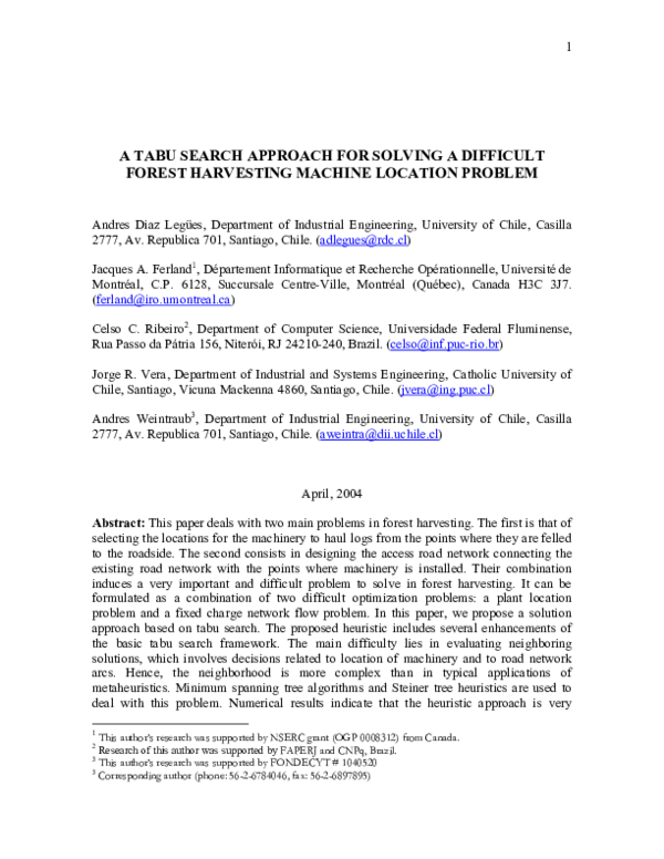 Pdf A Tabu Search Approach For Solving A Difficult Forest Harvesting Machine Location Problem