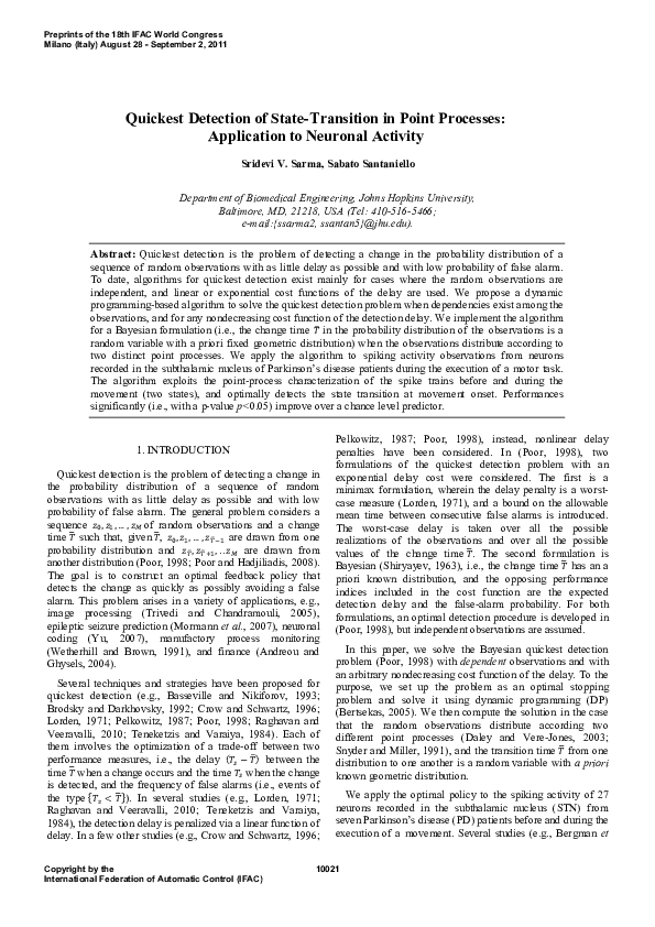 (PDF) Quickest detection of state-transition in point processes: Application to neuronal activity