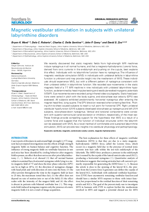 (PDF) Magnetic vestibular stimulation in subjects with unilateral ...