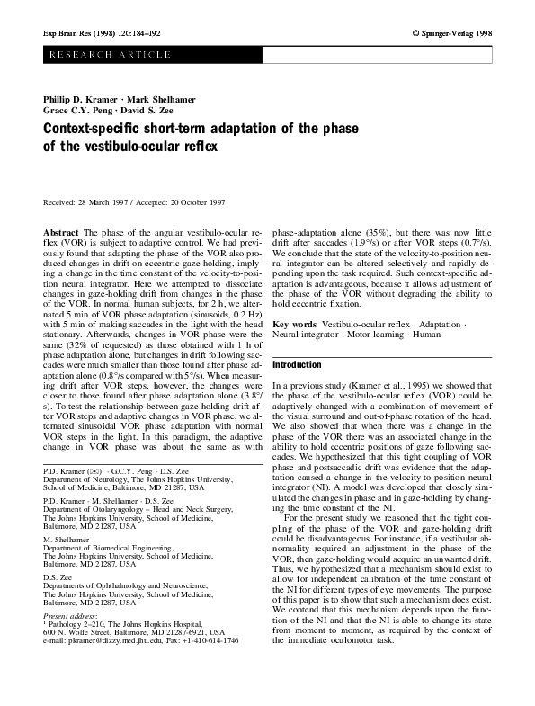 (PDF) Context-specific short-term adaptation of the phase of the vestibulo-ocular reflex