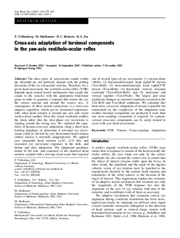 (PDF) Cross-axis adaptation of torsional components in the yaw-axis vestibulo-ocular reflex