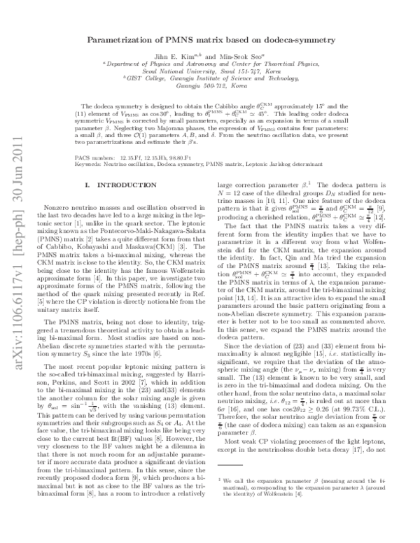 (PDF) Parametrization of PMNS Matrix Based on Dodeca Symmetry