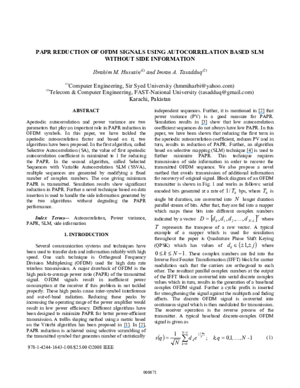 Pdf Papr Reduction Of Ofdm Signals Using Autocorrelation Based Slm Without Side Information
