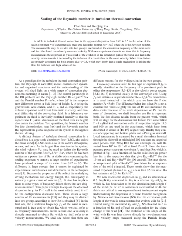 (PDF) Scaling of the Reynolds number in turbulent thermal convection