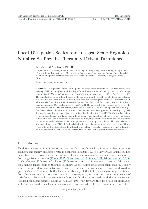 (PDF) Local Dissipation Scales and Integral-Scale Reynolds Number ...