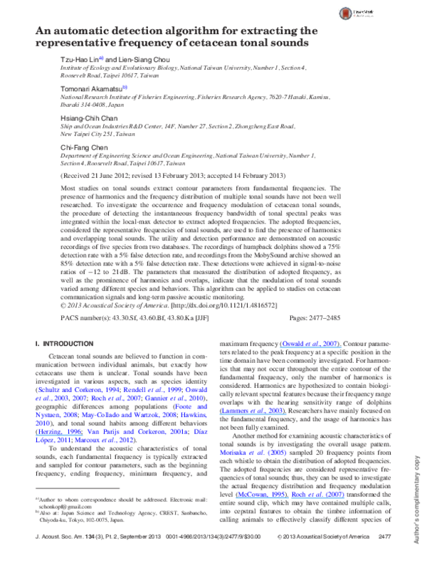 Pdf An Automatic Detection Algorithm For Extracting The Representative Frequency Of Cetacean 