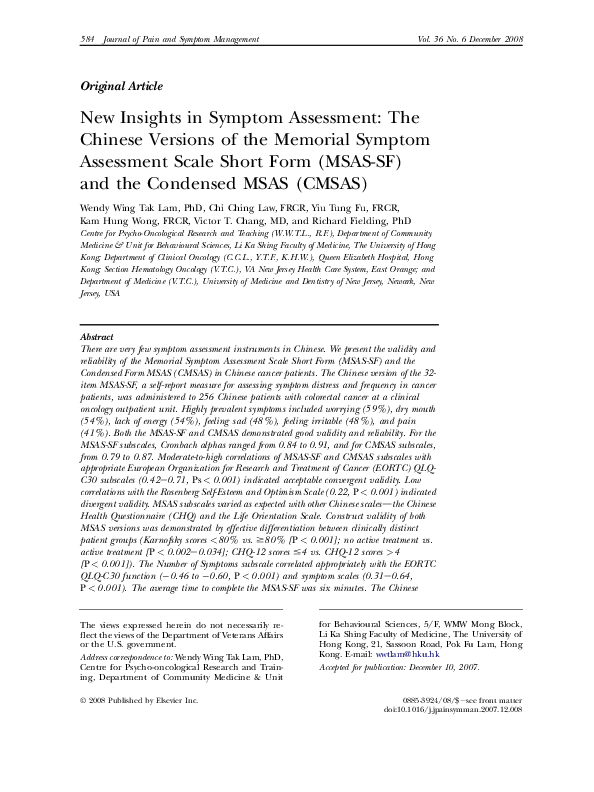 (PDF) New Insights in Symptom Assessment: The Chinese Versions of the ...