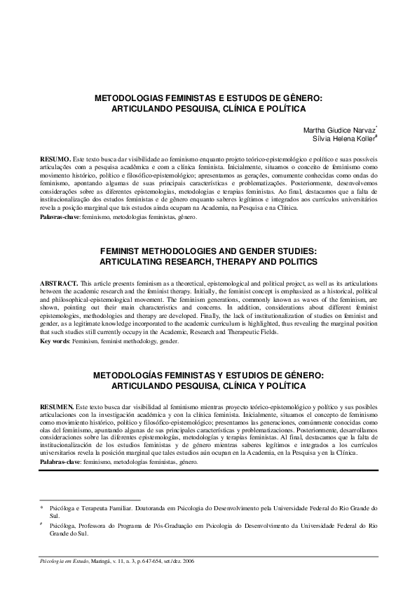 (PDF) Feminist methodologies and gender studies: Articulating research, therapy and politics ...