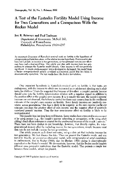 (PDF) A Test of the Easterlin Fertility Model Using Income for Two ...