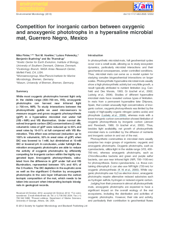 (PDF) Competition for inorganic carbon between oxygenic and anoxygenic phototrophs in a ...